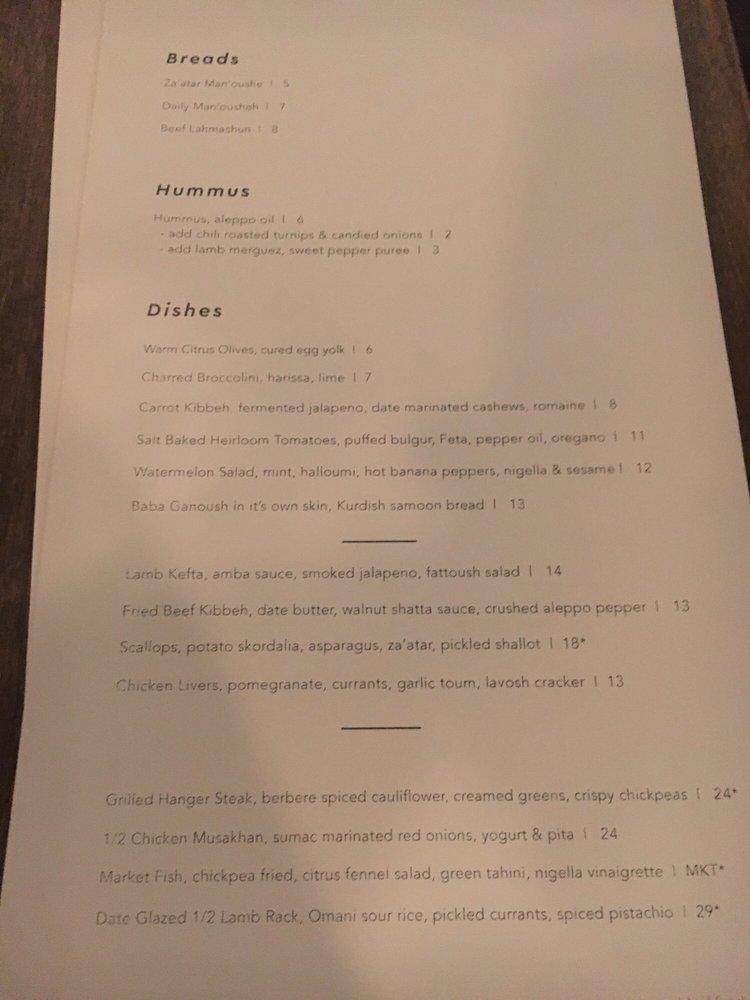 Carta del restaurante Lyra, Nashville