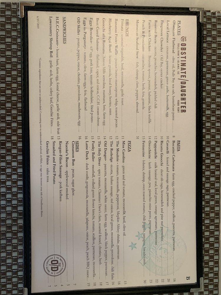Menu at The Obstinate Daughter pizzeria, Sullivan's Island