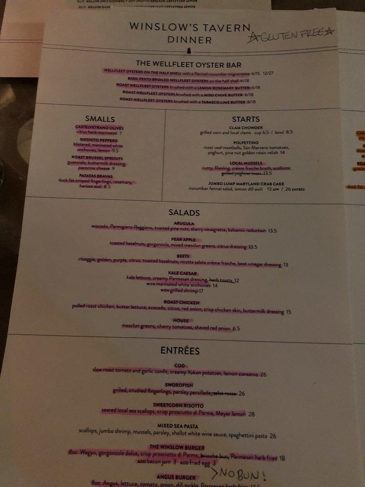 Menu at Winslow's Tavern pub & bar, Wellfleet