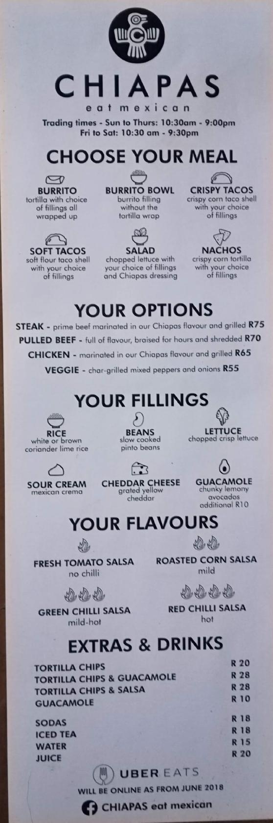 Speisekarte von CHIAPAS eat mexican - Brooklyn restaurant, Pretoria