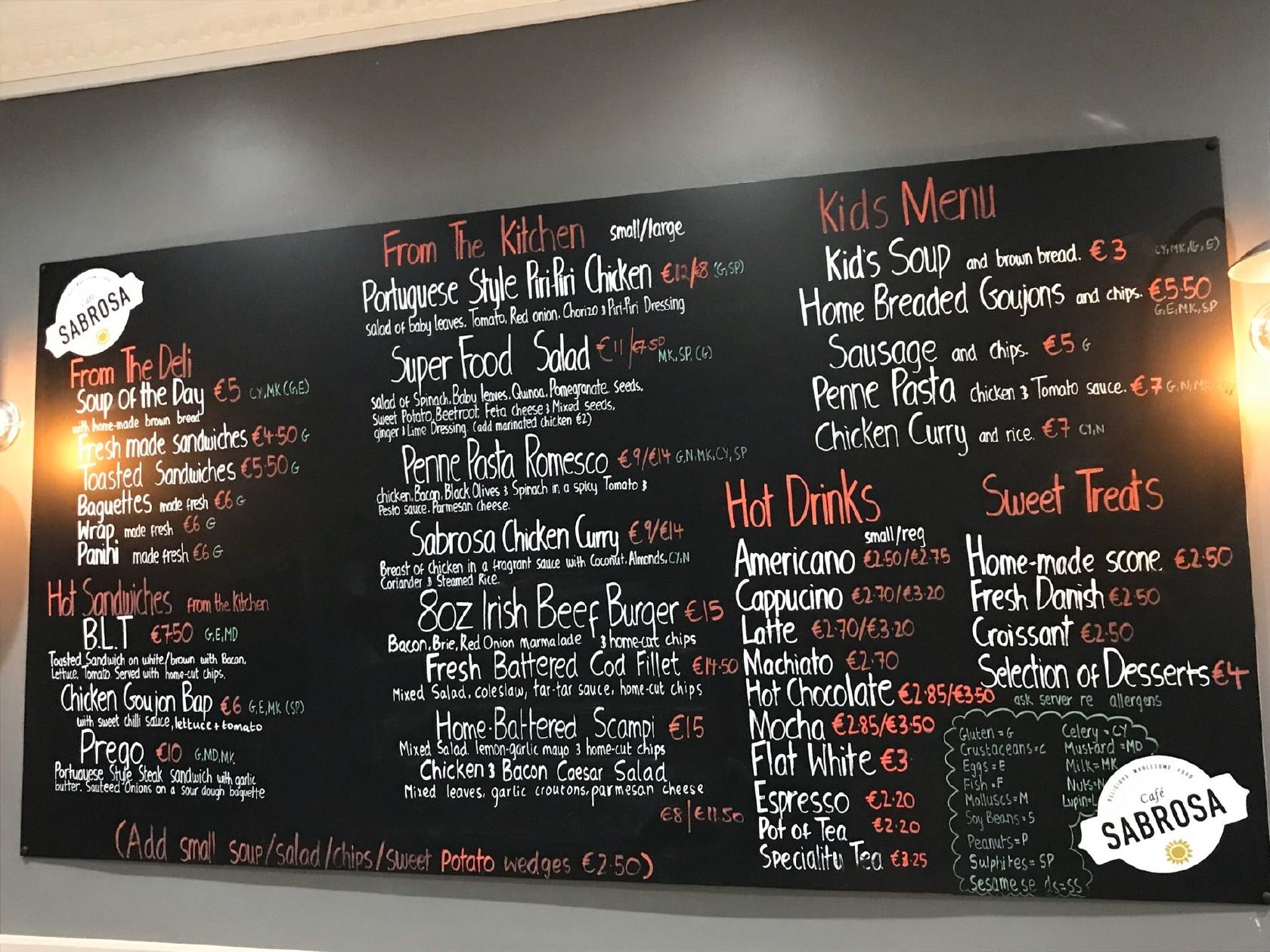Menu at Cafe Sabrosa, Athboy