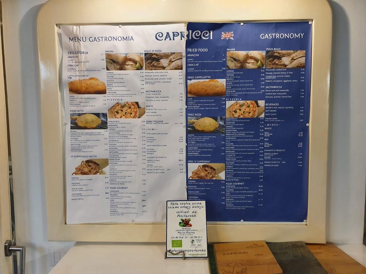 Menu at Capricci pizzeria, Positano