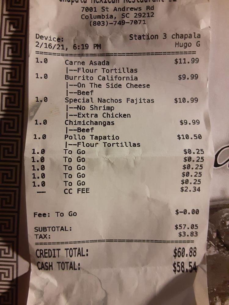 Menu at Chapala Mexican restaurant, Columbia