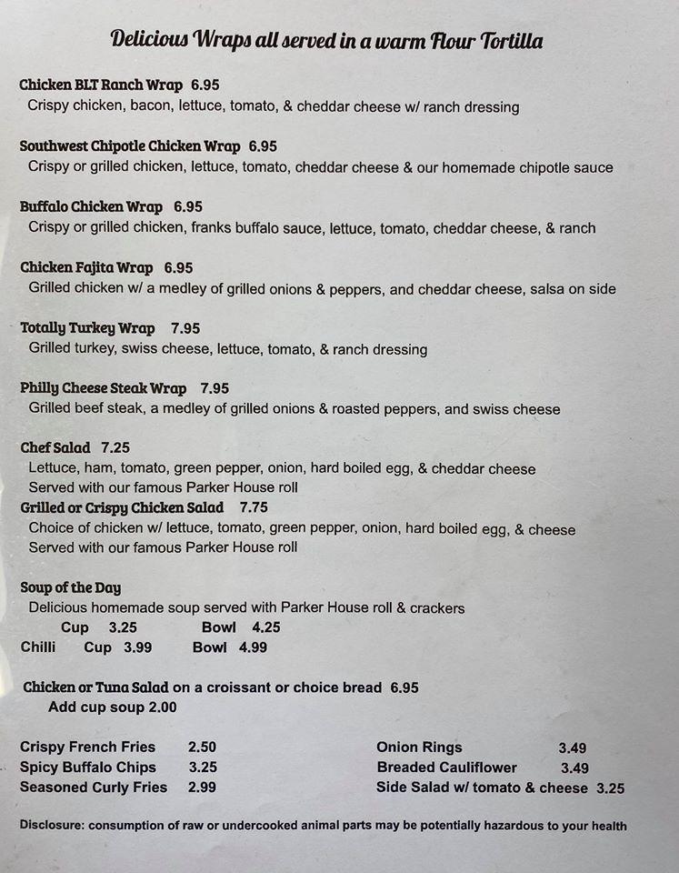 Menu at Fingerhut Bakery, North Judson