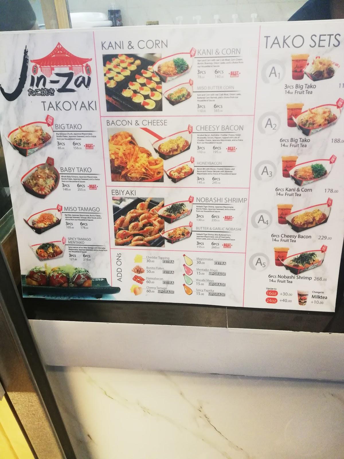 Menu at Jin-zai Takoyaki restaurant, Makati, The Century Mall