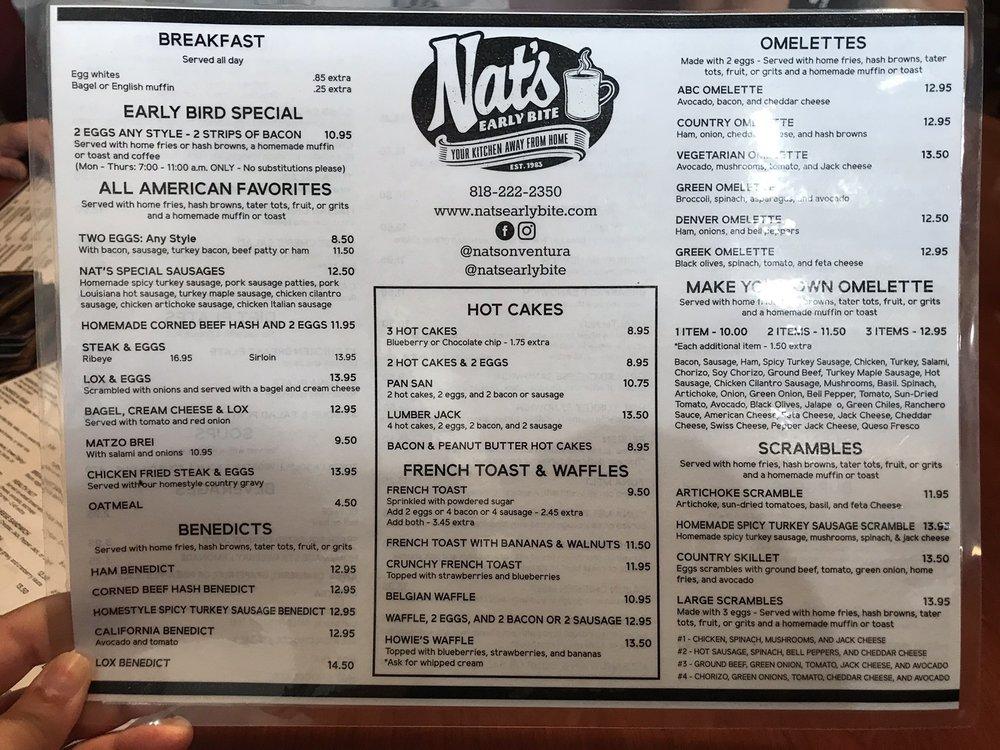 Menu at Nat's On Ventura restaurant, Los Angeles