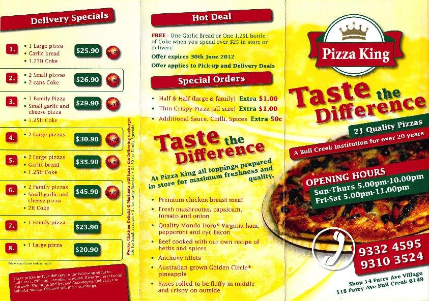 Menu at Pizza King pizzeria, Bull Creek, Parry Ave Village Shop 14