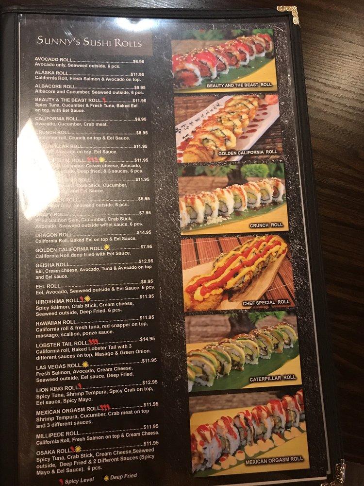 Menu at Sunny's Sushi restaurant, Horizon City