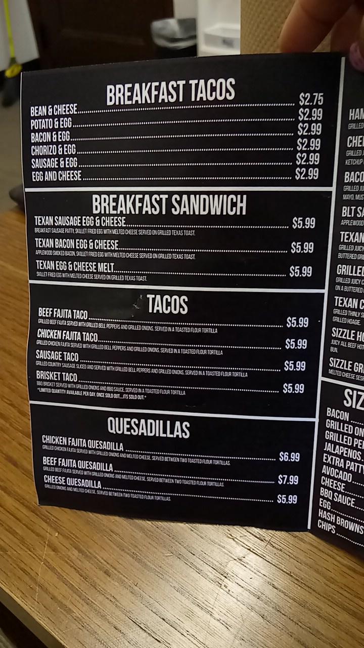 Menu at Texan Sizzle restaurant, San Antonio