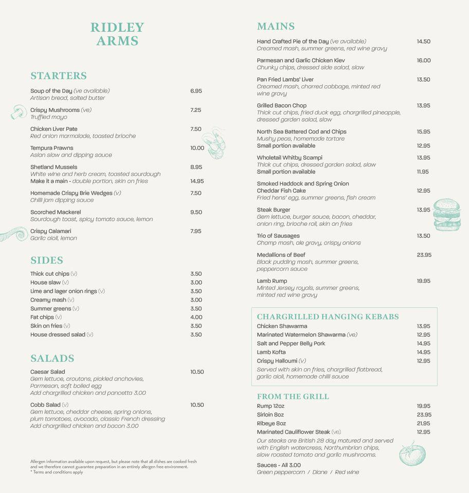 Menu at The Ridley Arms restaurant, Stannington