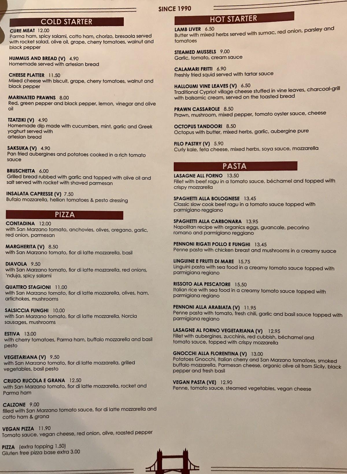 Menu at Tower Bridge Kitchen restaurant, London, 224A Tower Bridge Rd
