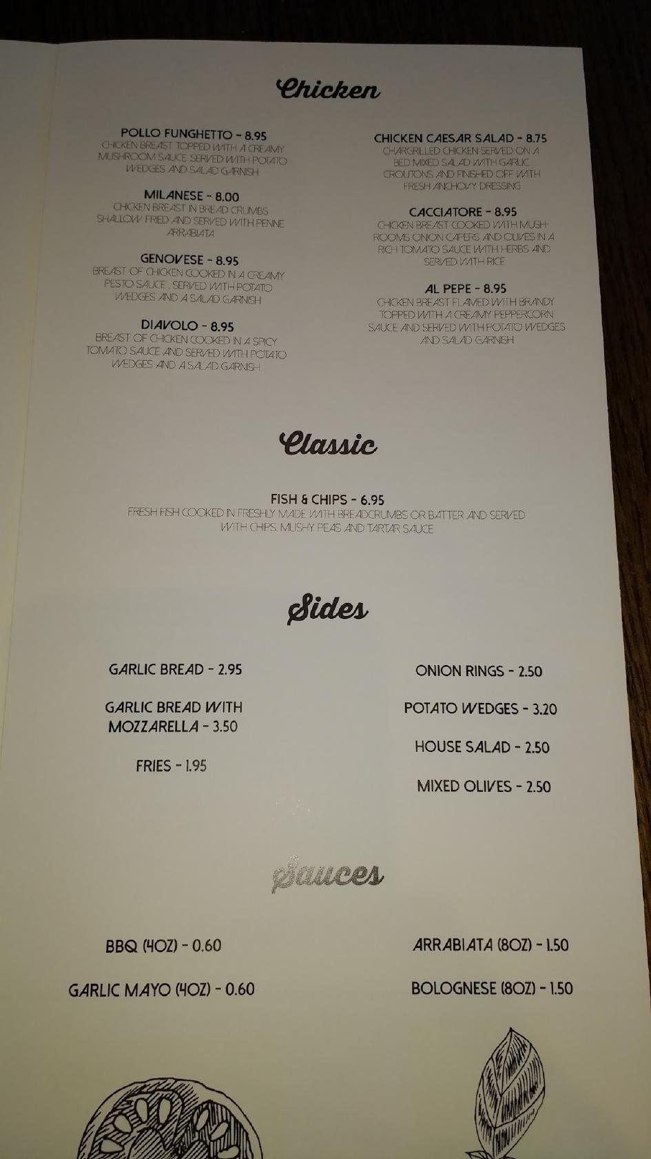 Menu at Trattoria Genova restaurant, Paisley