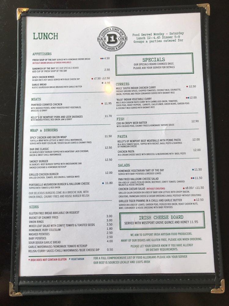 Menu at Bar One, Castlebar