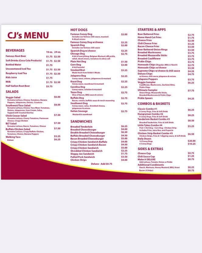 Menu at CJ's Drive in restaurant, Columbia City