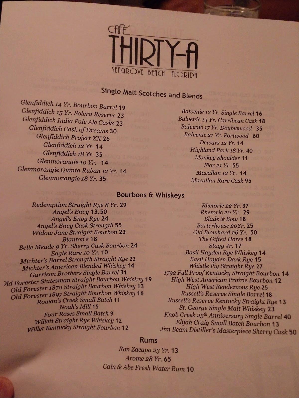 Menu at Cafe Thirty-A, Seagrove Beach, E County Hwy 30A
