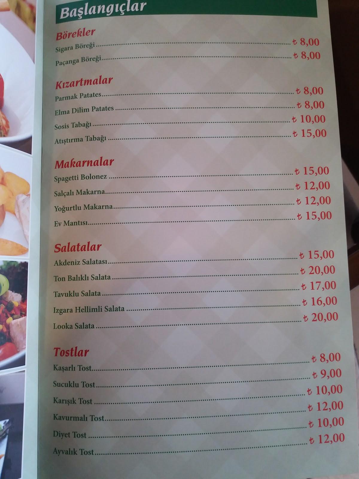 Menu at Looka Cafe Nargile, Istanbul