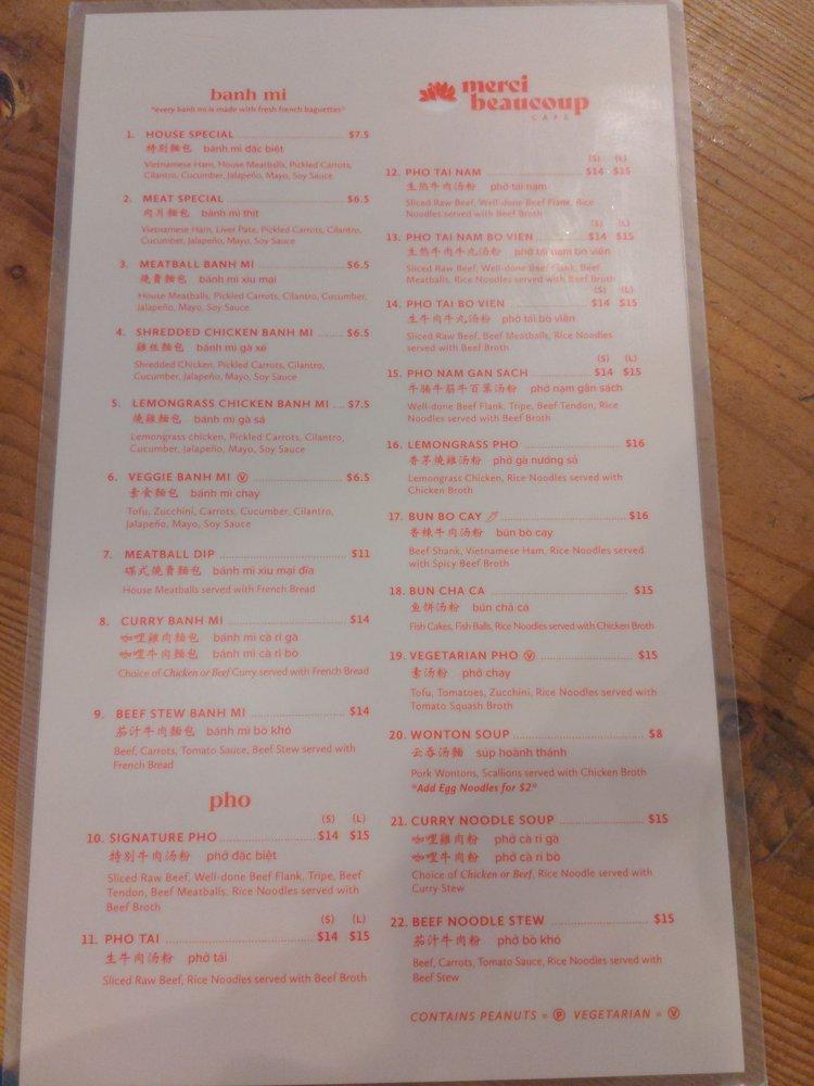Menu at Merci Beaucoup Cafe, Vancouver