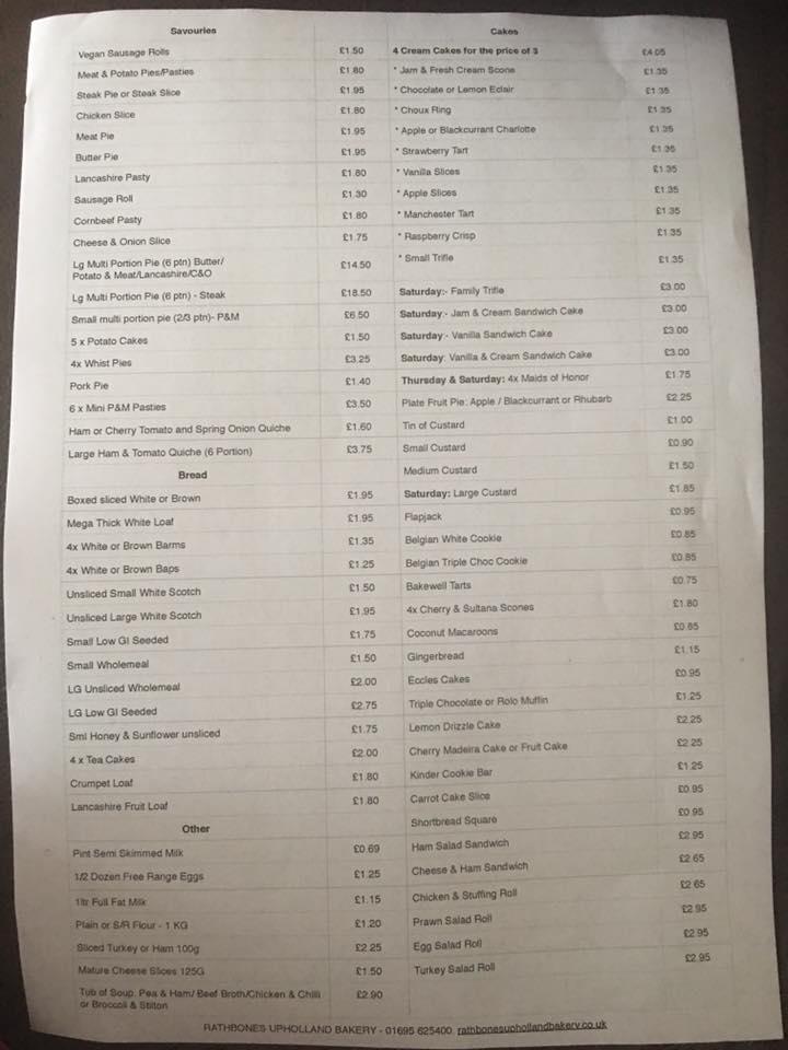 Menu at Rathbones Bakery Wigan, Skelmersdale