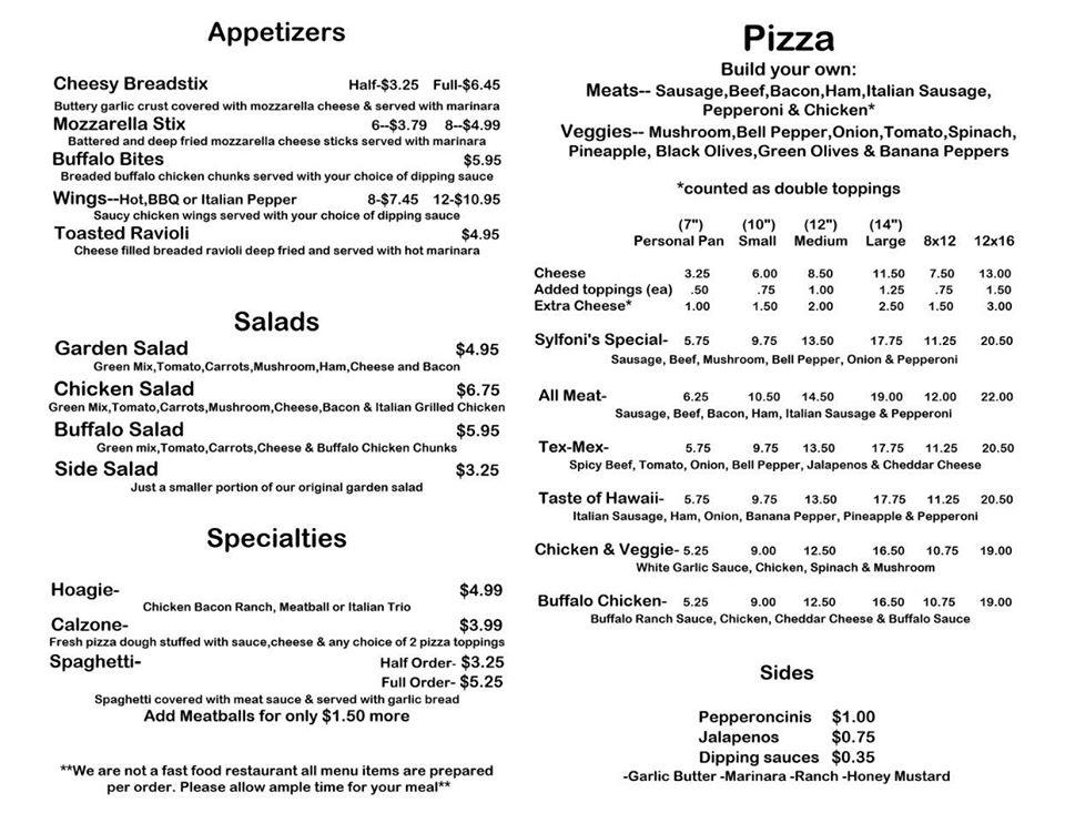 Menu at Sylfoni's Pizza pizzeria, Russellville, W 9th St