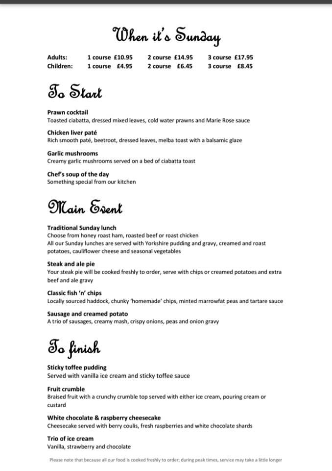 Menu at The Highfield in Beverley restaurant, Beverley