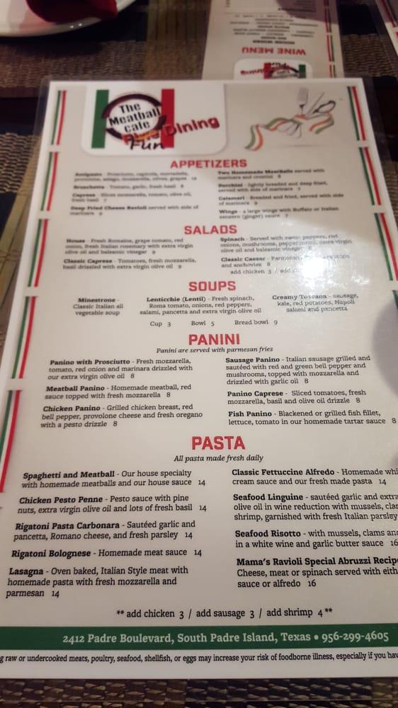 Menu at The Meatball Cafe, South Padre Island