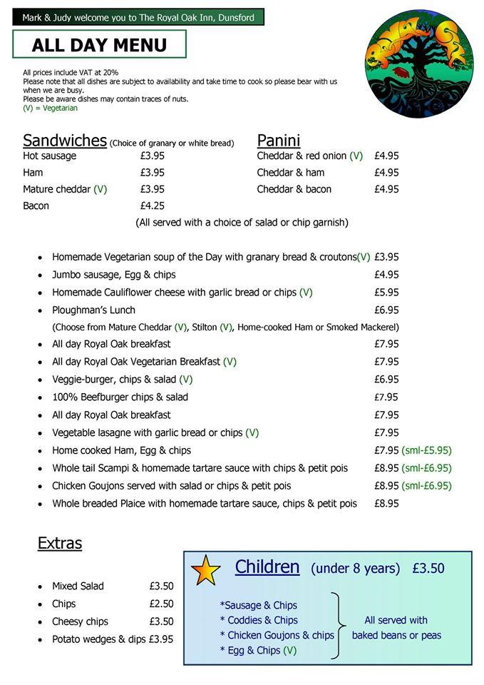 Menu at The Royal Oak pub & bar, Dunsford