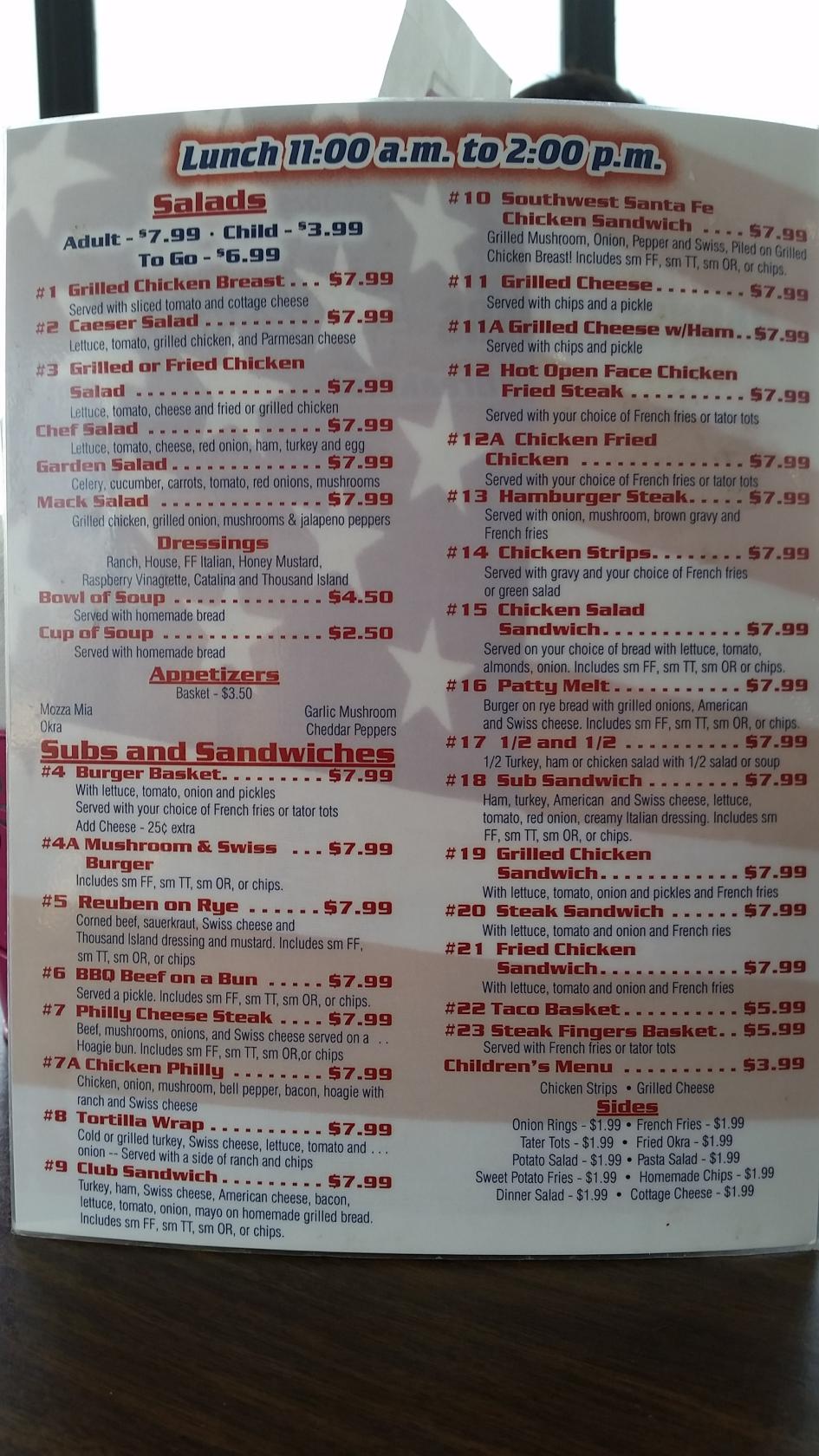 Carta de Barnstormers Restaurant, Enid