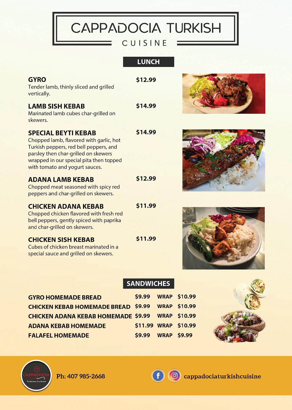Menu at Cappadocia Turkish Cuisine restaurant, Orlando