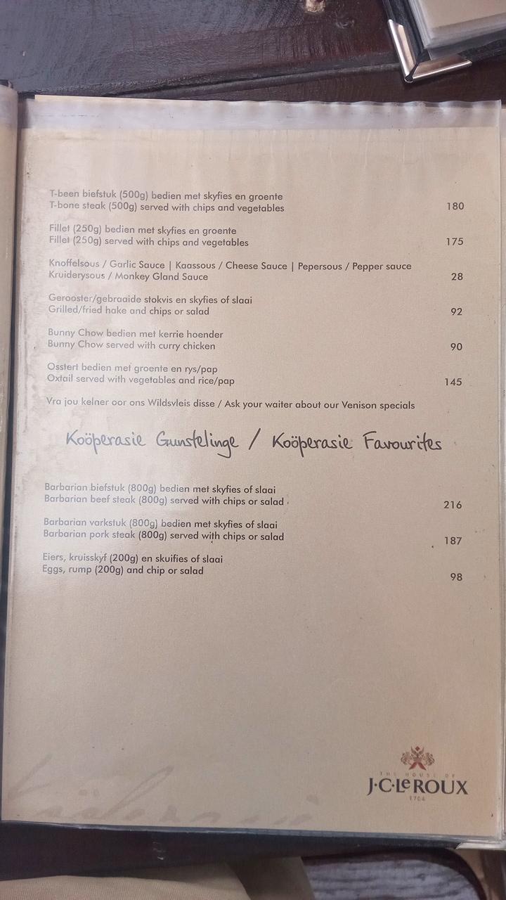 Menu at Clarens Kooperasie restaurant, Clarens