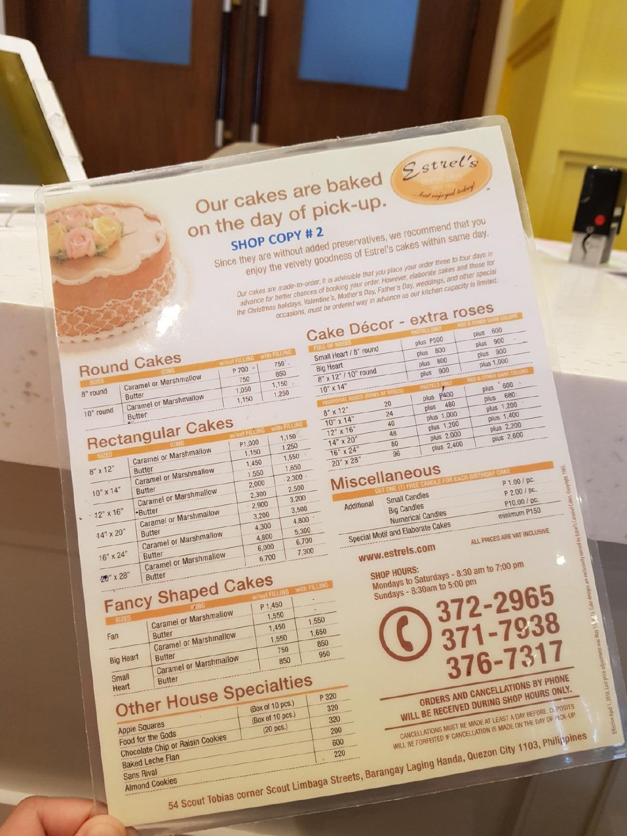 Carta del postres Estrel's Caramel Cake, Ciudad Quezon