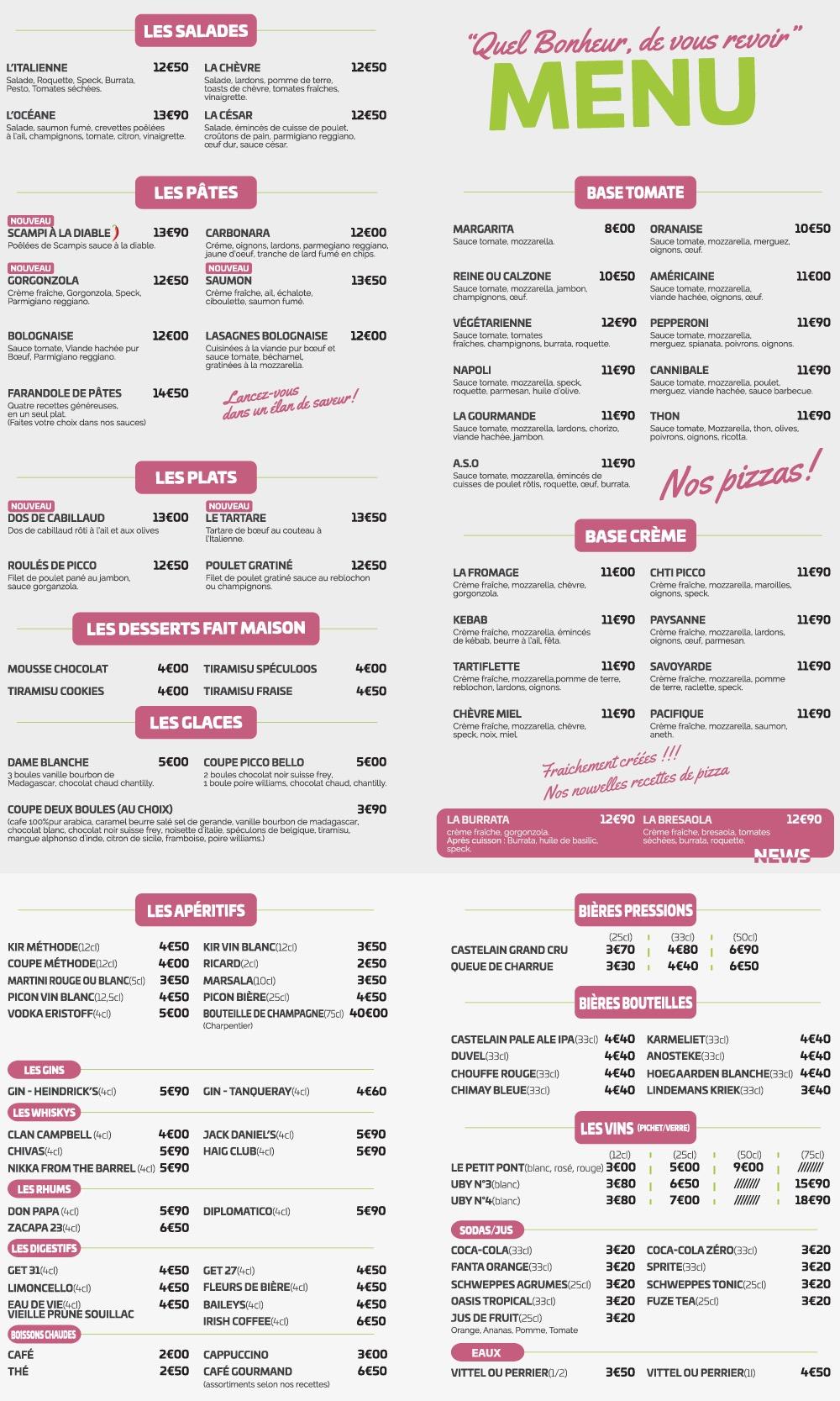 Menu at Picco Bello pizzeria, Armentières