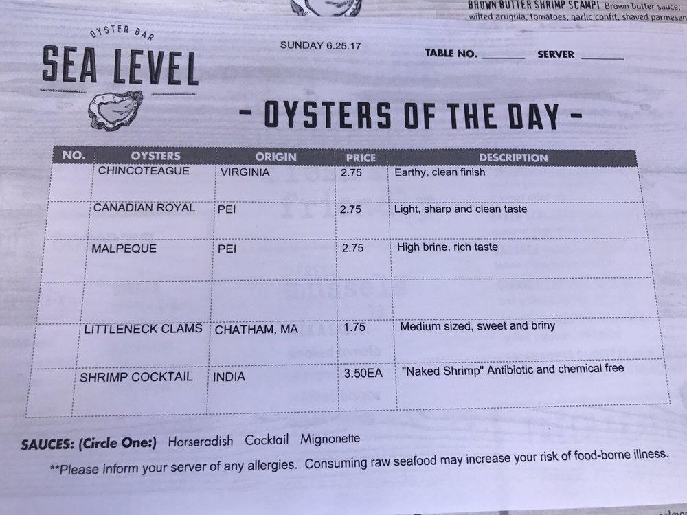 Menu at Sea Level Oyster Bar, Salem