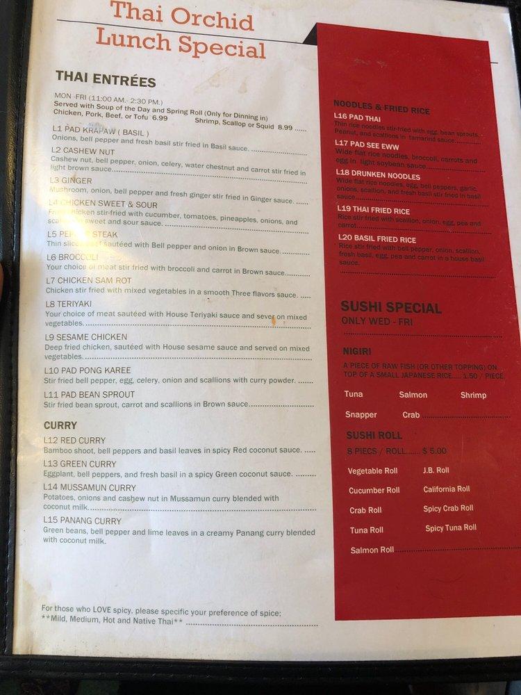 Menu at Thai Orchid restaurant, Orangeburg