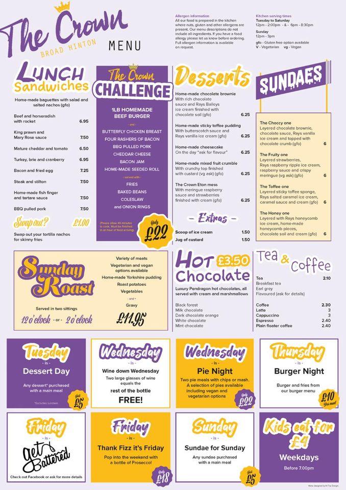 Menu at The Crown Inn at Broad Hinton restaurant, Swindon, High St