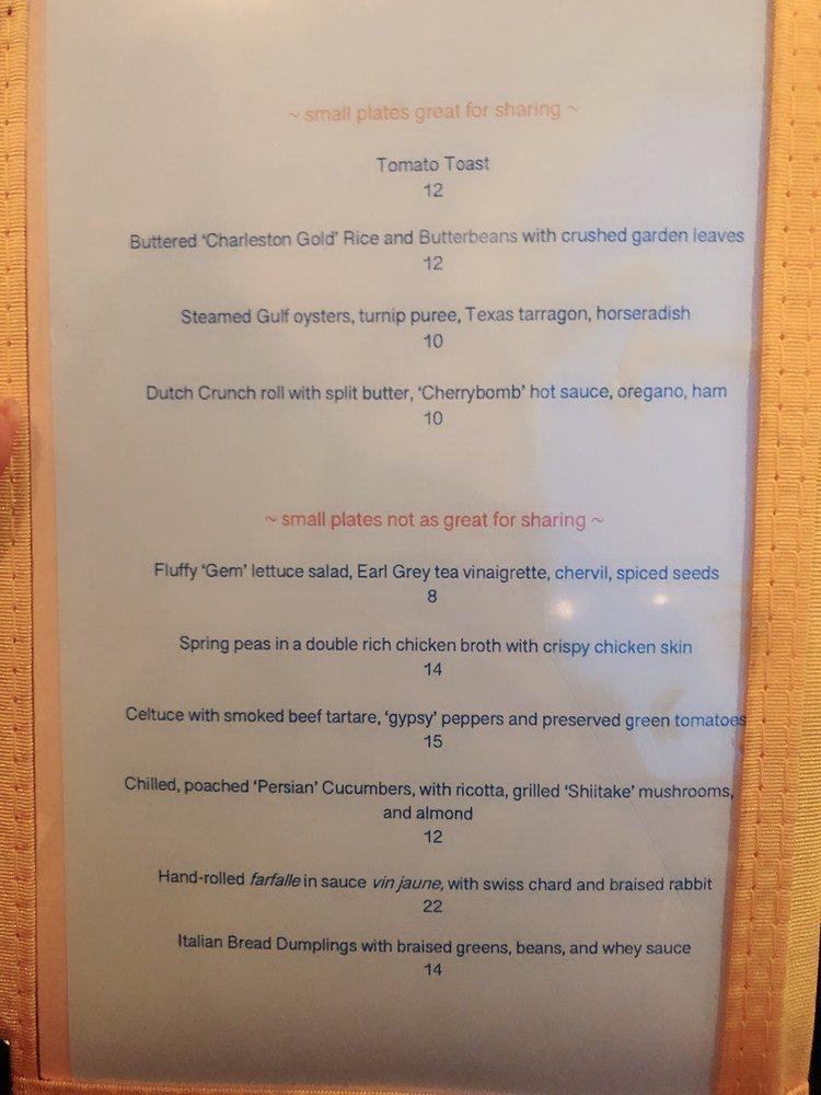 Menu at Theodore Rex restaurant, Houston