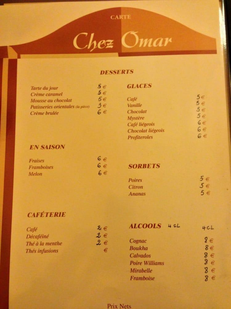Menu at Chez Omar restaurant, Paris, 47 Rue de Bretagne