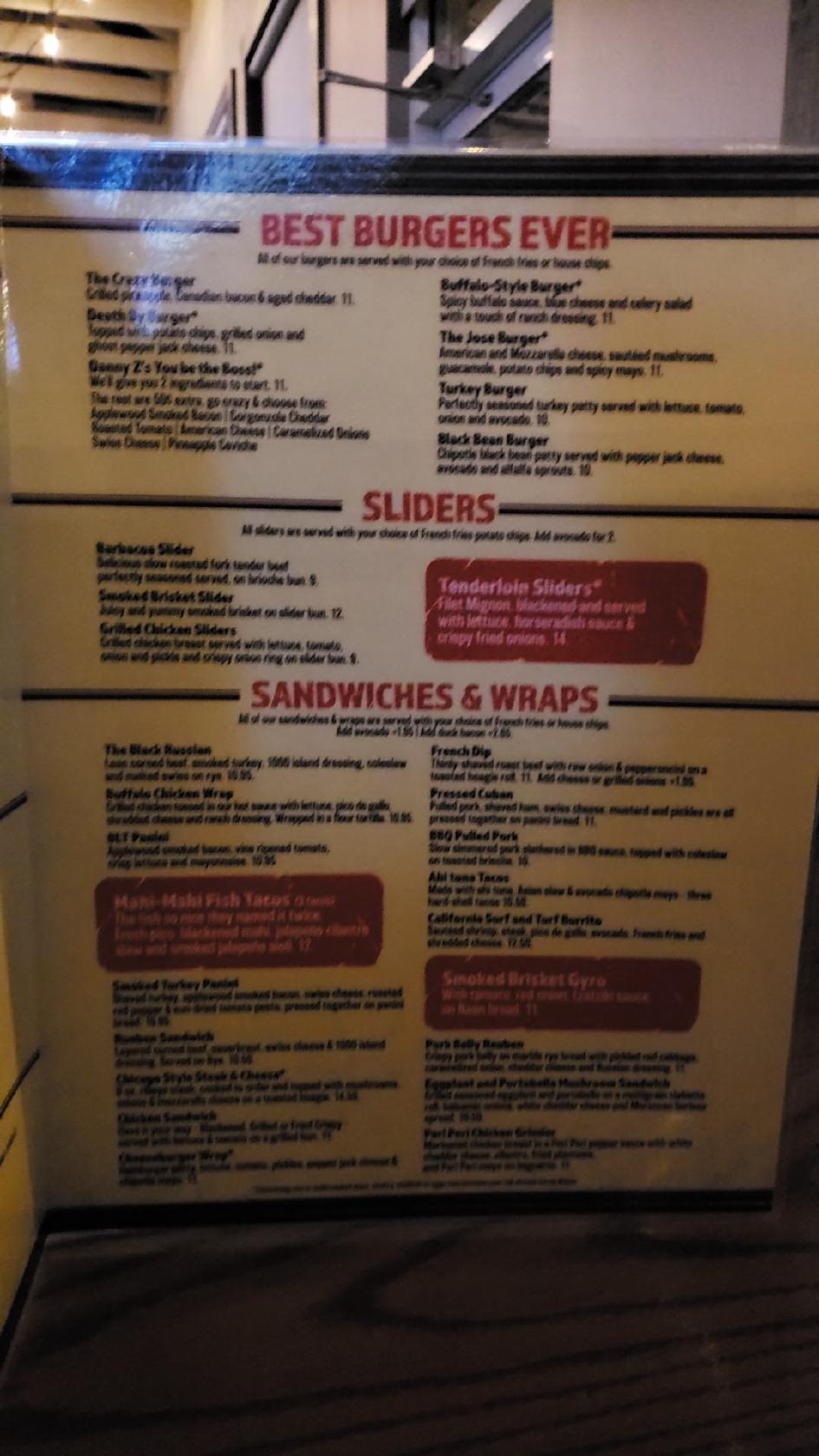 Menu at Danny Z's Grub & Pub, Munster