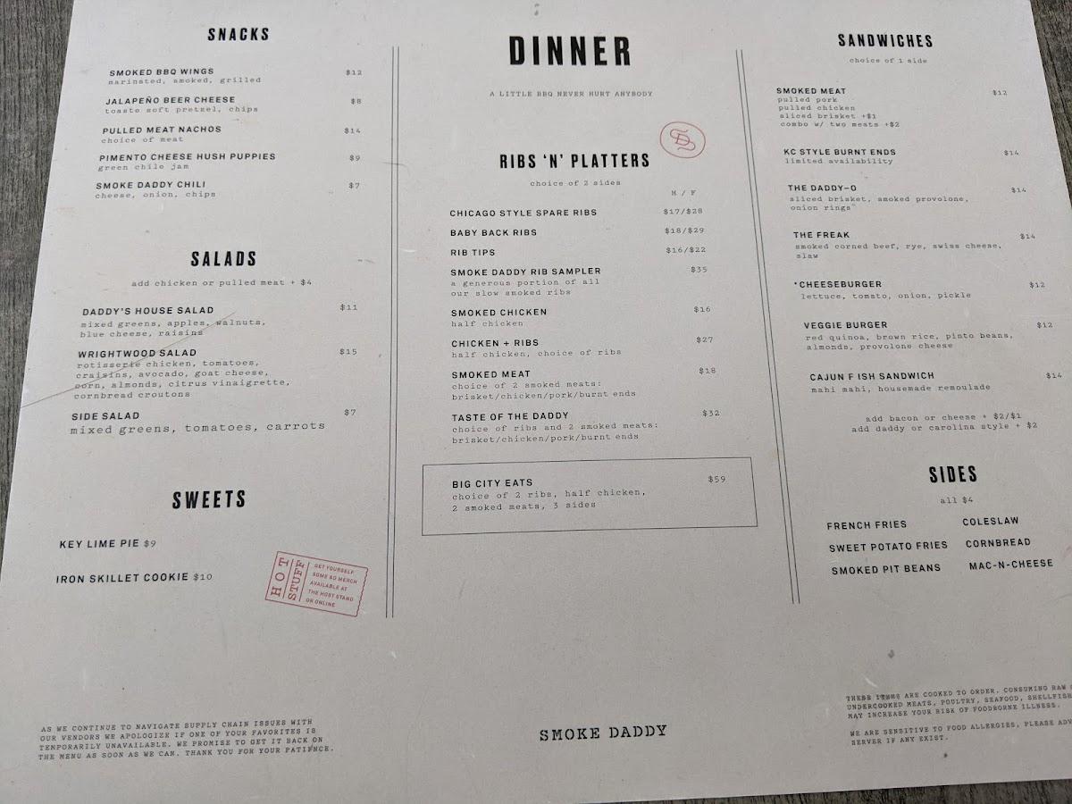 Menu at Smoke Daddy BBQ - Wrigleyville, Chicago, N Clark St