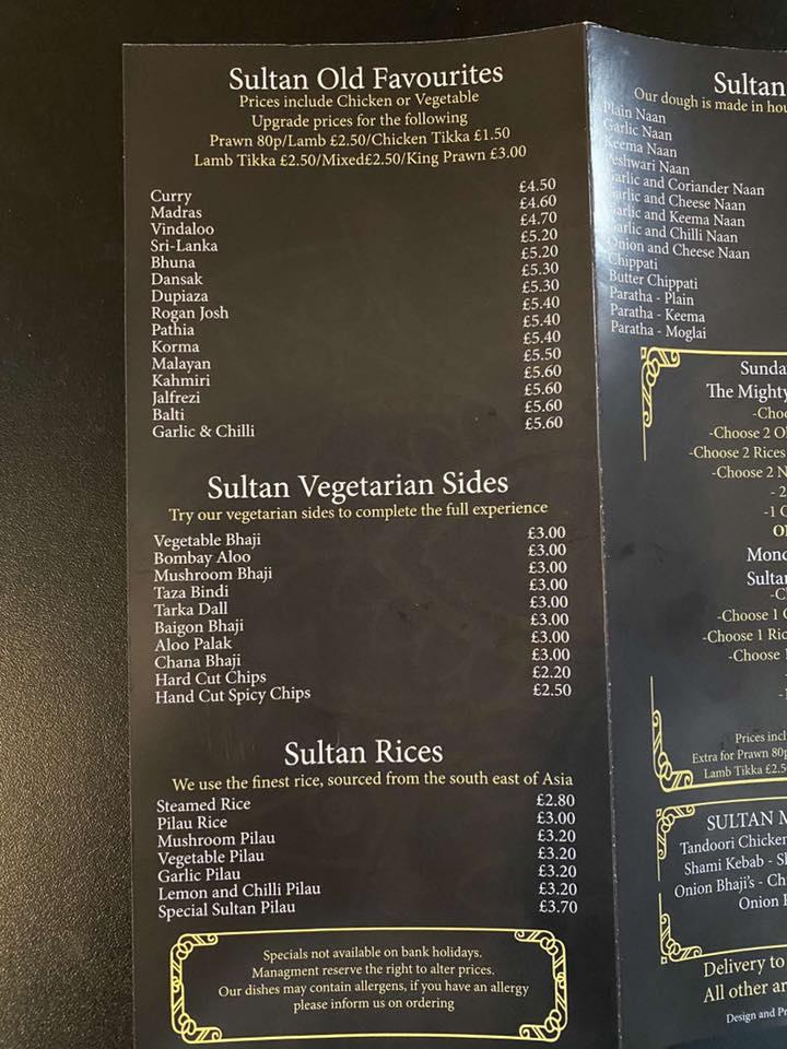 Menu at The Sultan of Jarrow restaurant, Jarrow