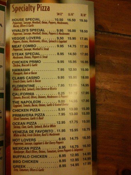 Menu at Vivaldi's Pizza pizzeria, Cranston