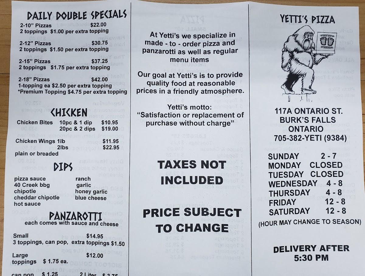 Menu at Yetti's Pizza inc. pizzeria, Burk's Falls, 51 Commercial Dr