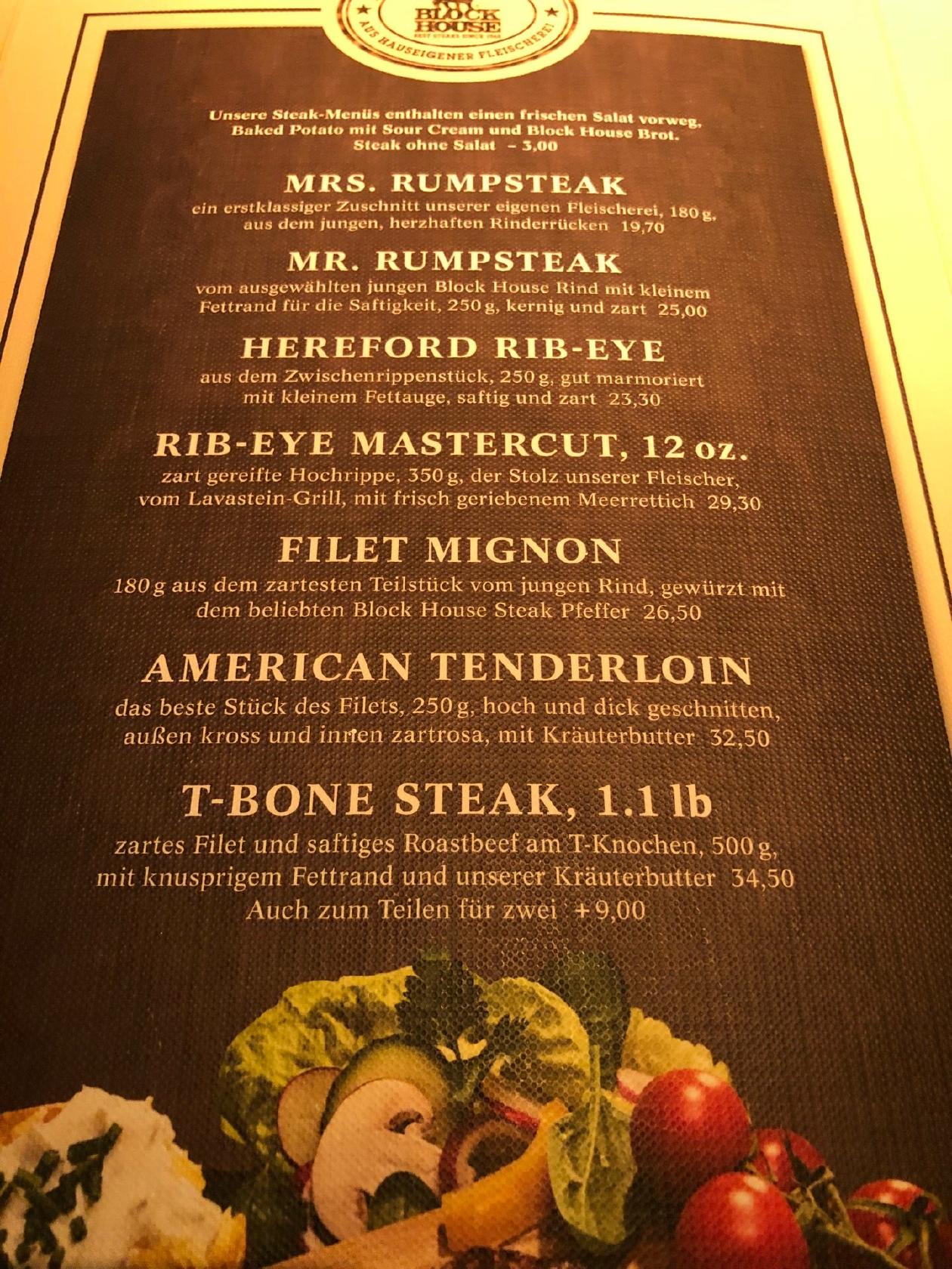 Menu at BLOCK HOUSE Börsenplatz steakhouse, Frankfurt, Börsenpl. 5