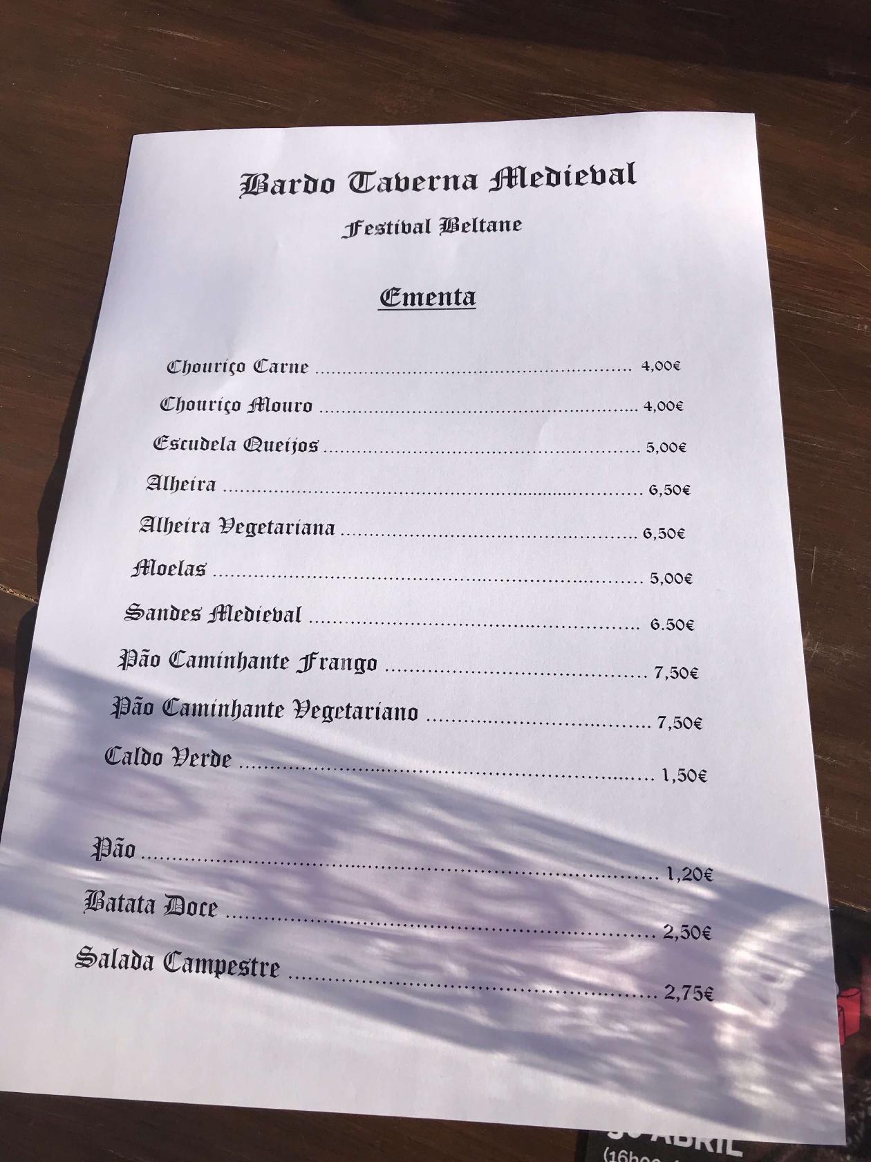 Menu at Bard - Medieval Tavern, Setúbal Municipality