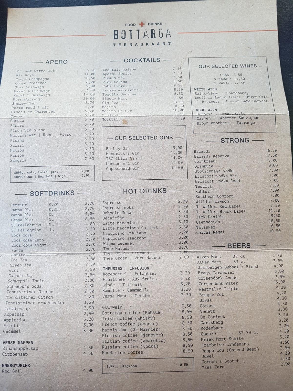 Menu at Bistro Bottarga, Ostend