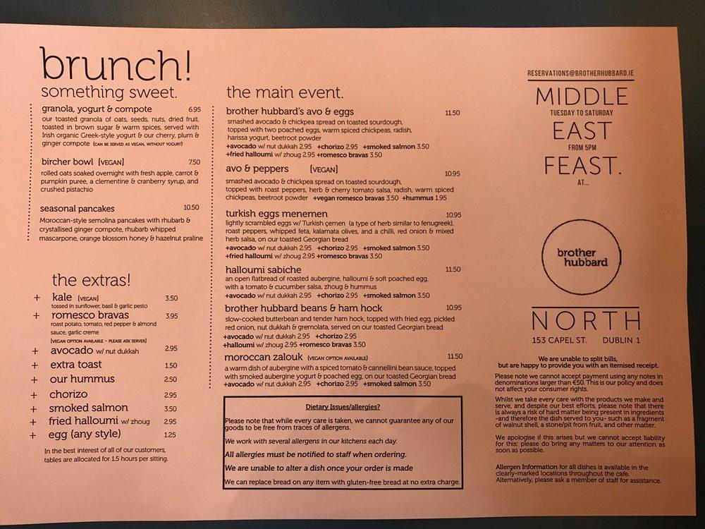 Menu at Brother Hubbard (North), Dublin