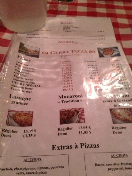 Menu au Gerry pizza pizzeria, Québec