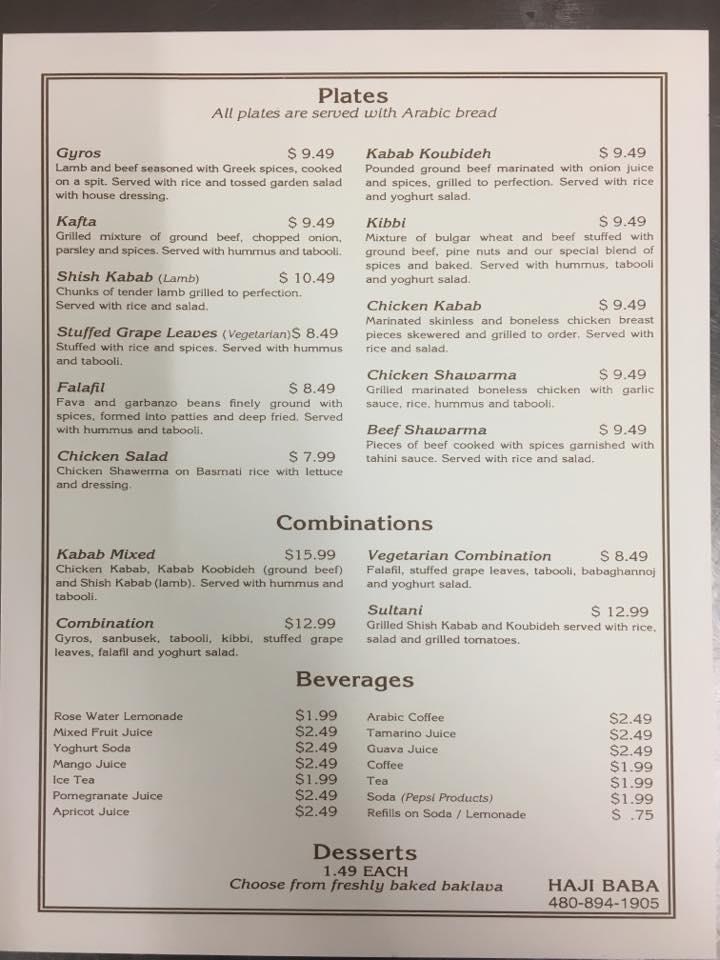Menu at Haji-Baba restaurant, Tempe