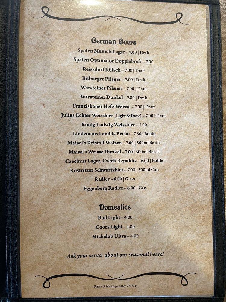 Menu at Julia's German Stammtisch restaurant, Columbia, 120 ...