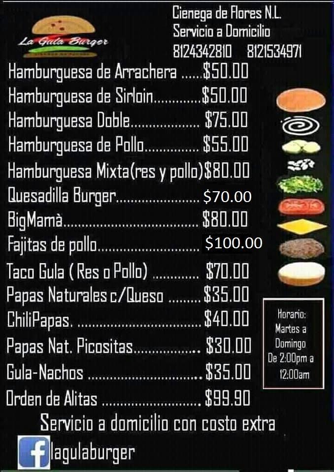 Carta del restaurante La Gula Burger, Ciénega del Flores, av 8 #708 ...
