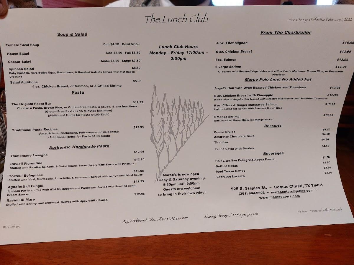 Menu at Marco's Lunch Club, Corpus Christi, 525 S Staples St